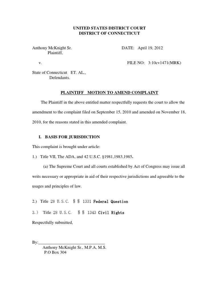 Motion To Amend Complaint | PDF | United States District Court | Complaint