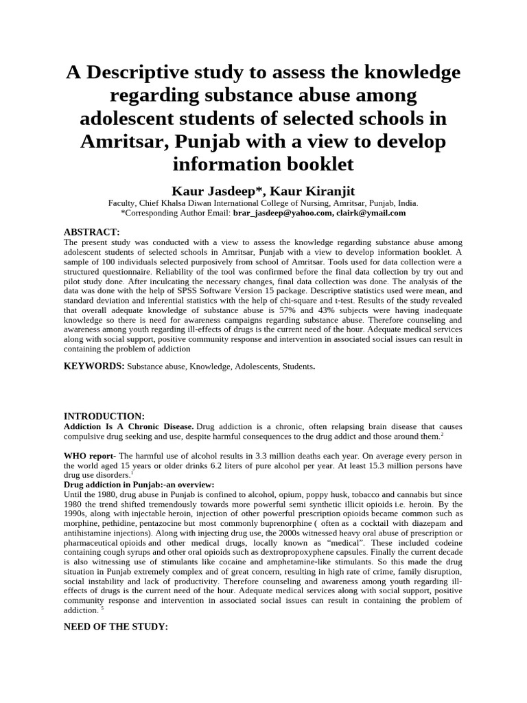 A Descriptive Study To Assess The Knowledge Regarding Substance Abuse ...