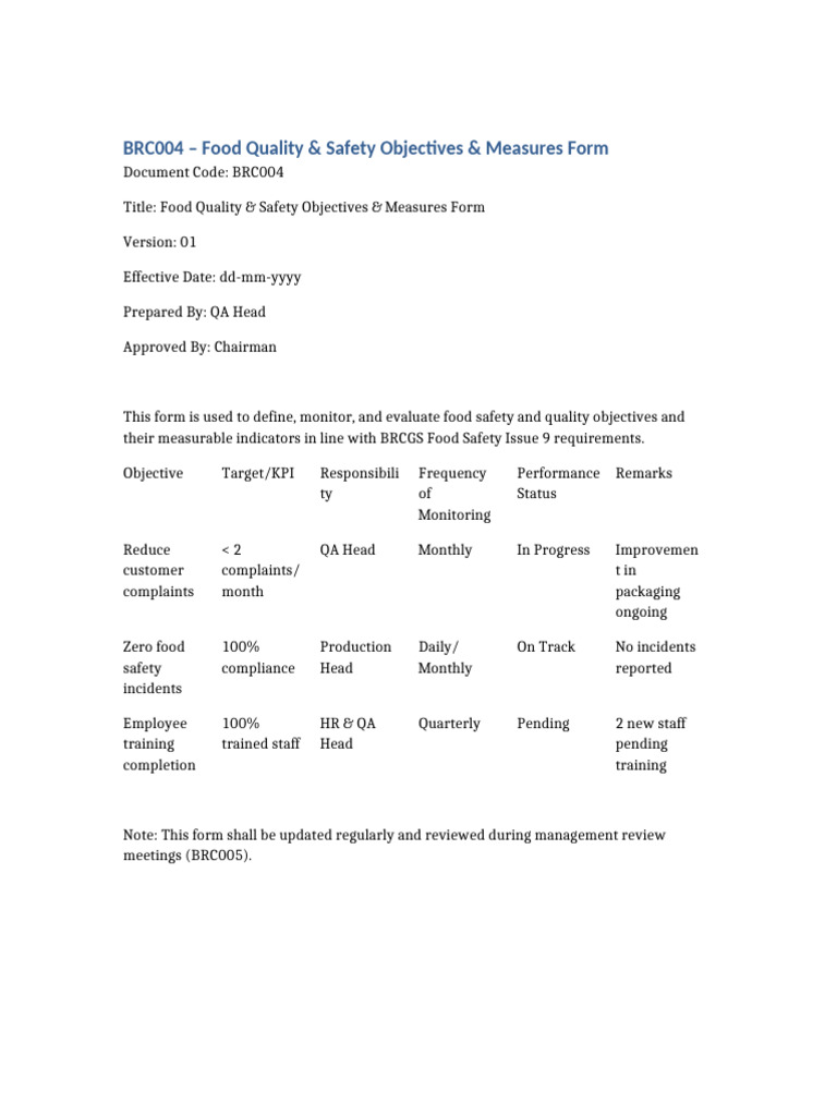 BRC004 Food Quality and Safety Objectives Form | PDF