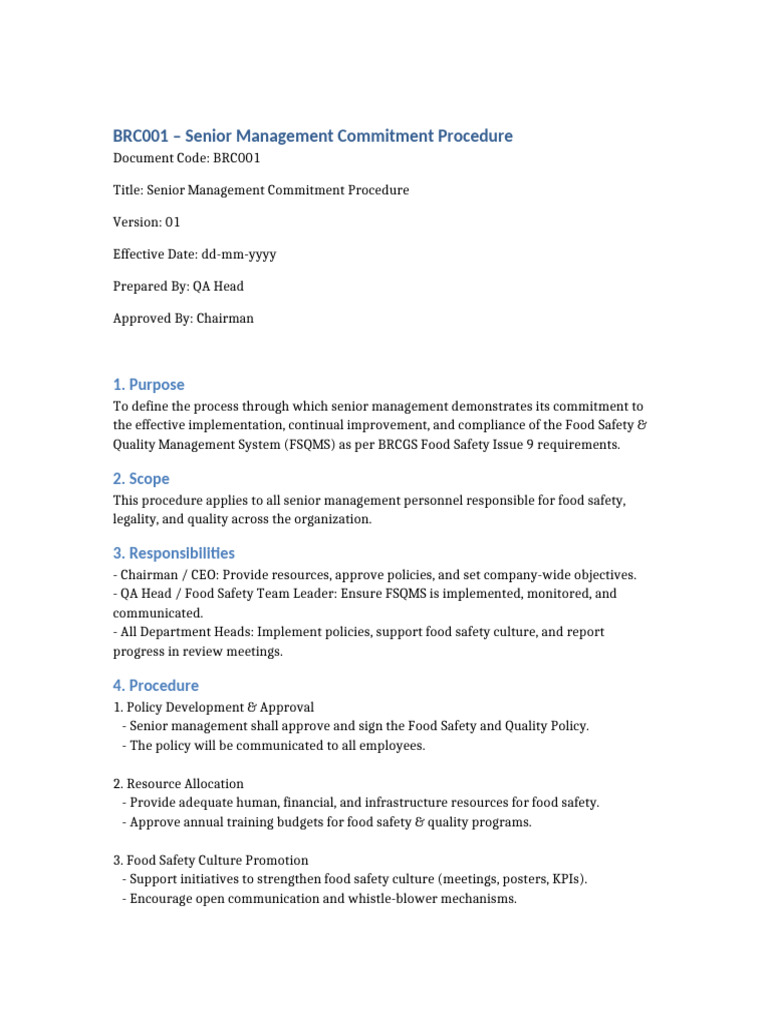 Senior Management Commitment in FSQMS | PDF | Food Safety | Audit