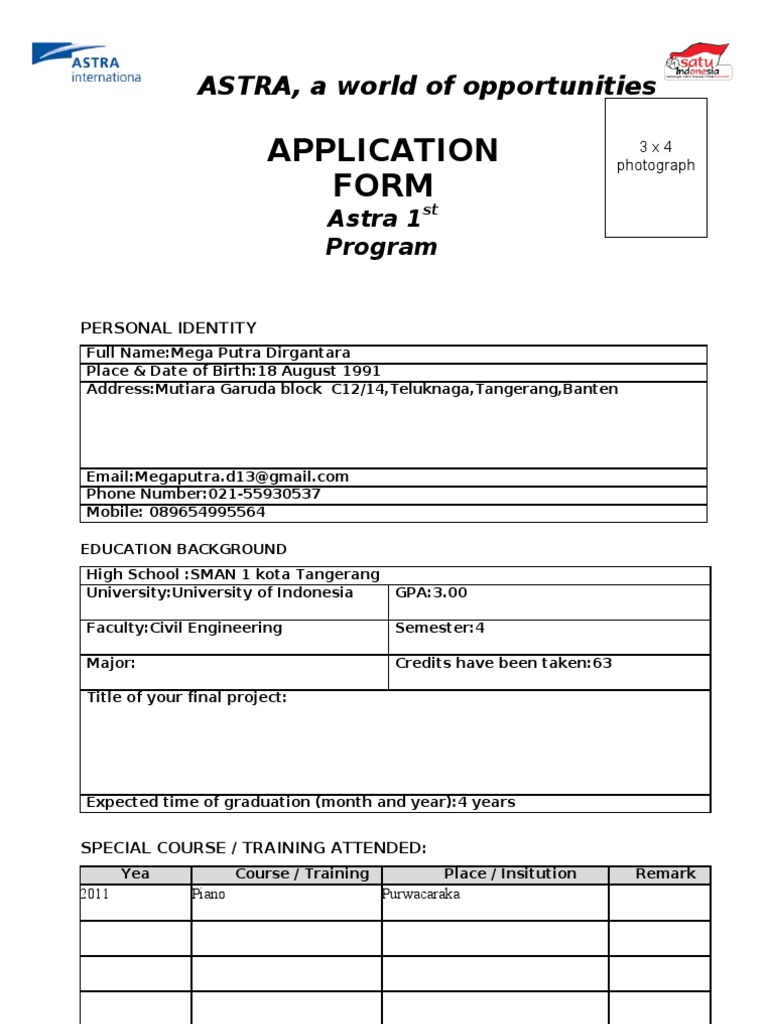 Application Form: ASTRA, A World of Opportunities | PDF | Business