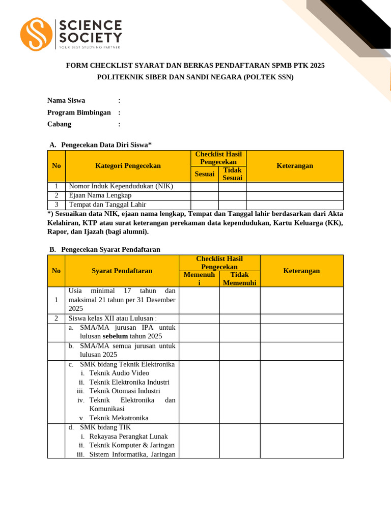 Checklist Pendaftaran SPMB Poltek SSN 2025 | PDF
