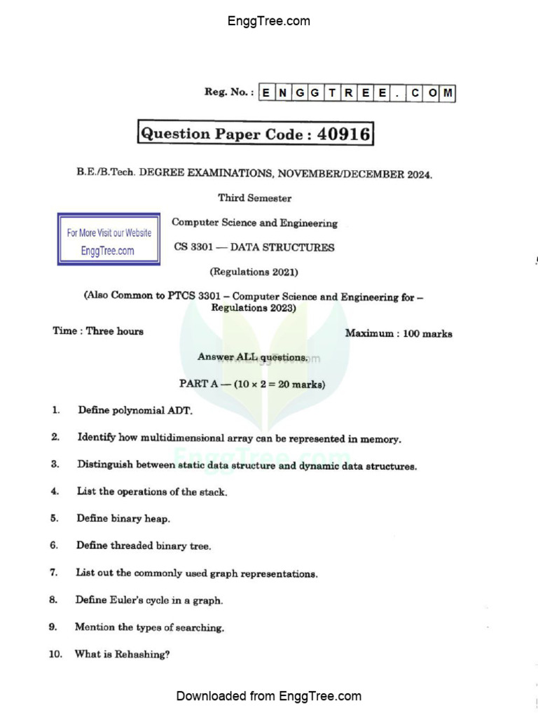 CS3301 Data Structures Nov Dec 2024 Question Paper Download | PDF
