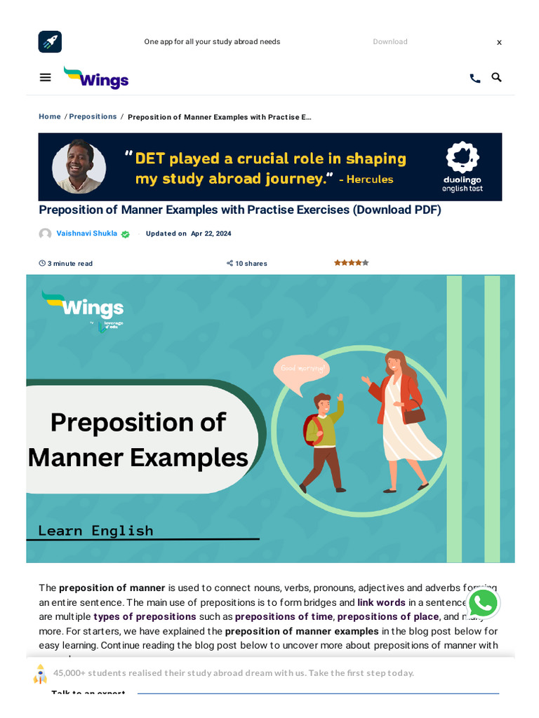 Prepositions of Manner: Examples & Exercises | PDF | English Grammar ...