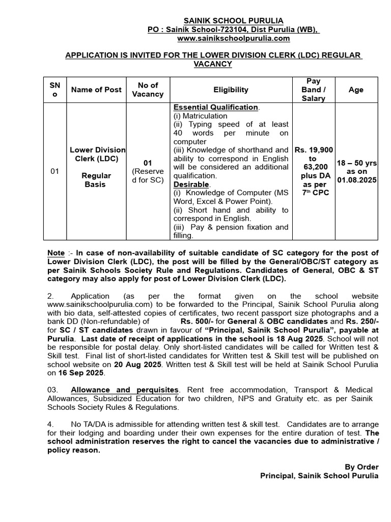 LDC Recruitment at Sainik School Purulia | PDF