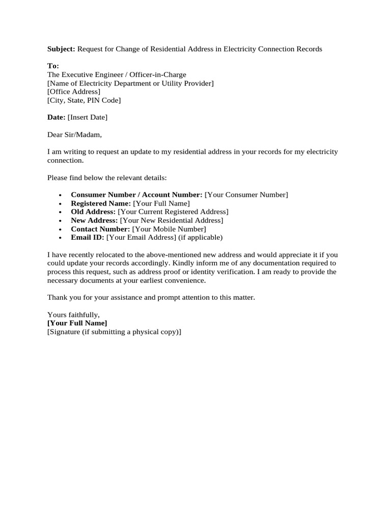 Update Electricity Address Request Letter | PDF