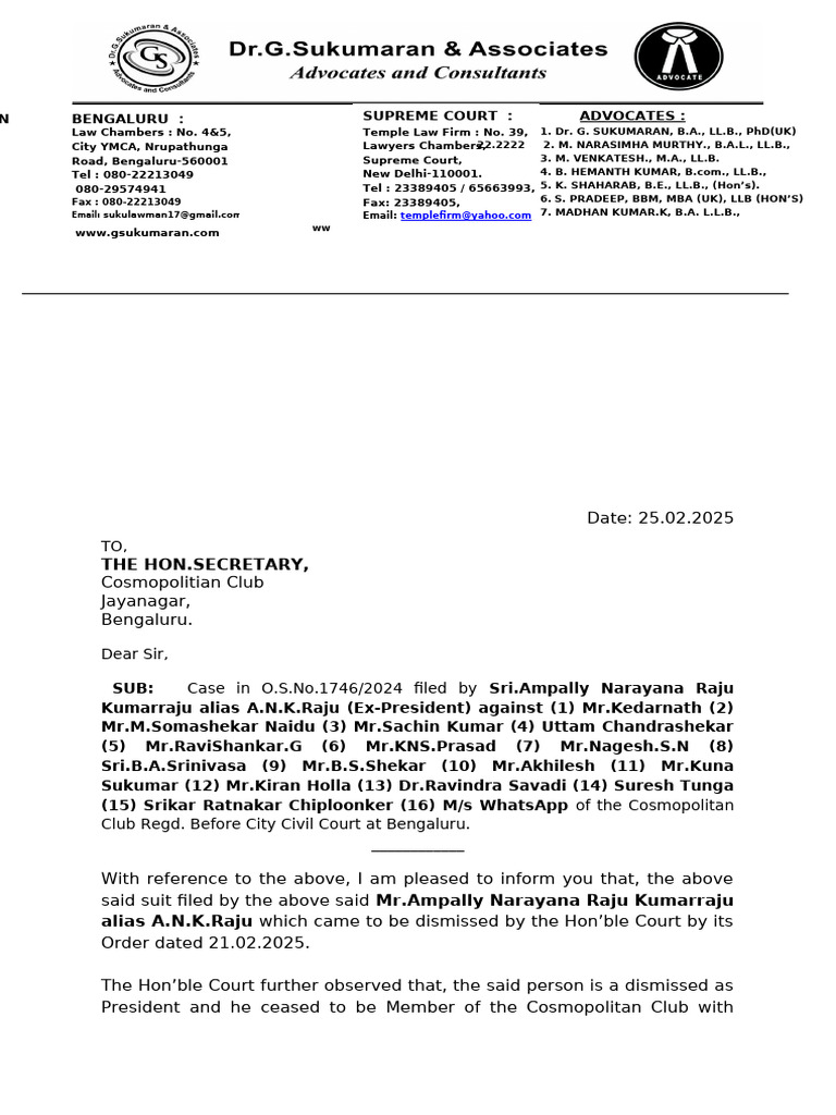 Cosmopolitan Hon Secretary - Os - No.1746-2024 Letter-25.02.2025 | PDF