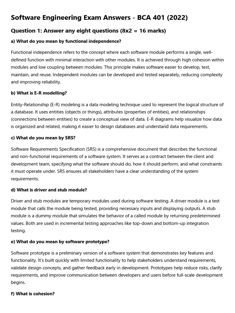 Software Engineering Exam Answers - BCA 401 (2022) | PDF | Software ...