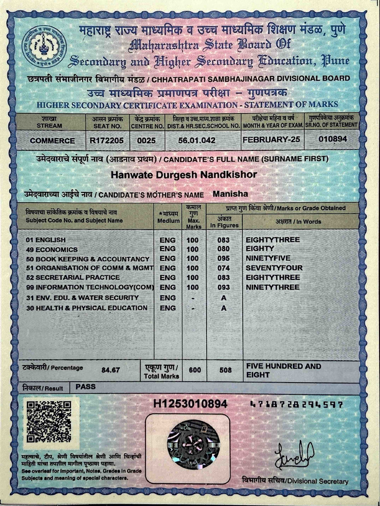12th Marks Certificate Details | PDF