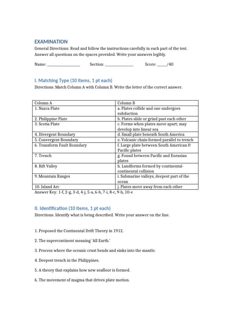 Plate Tectonics Exam With Directions | PDF | Plate Tectonics ...