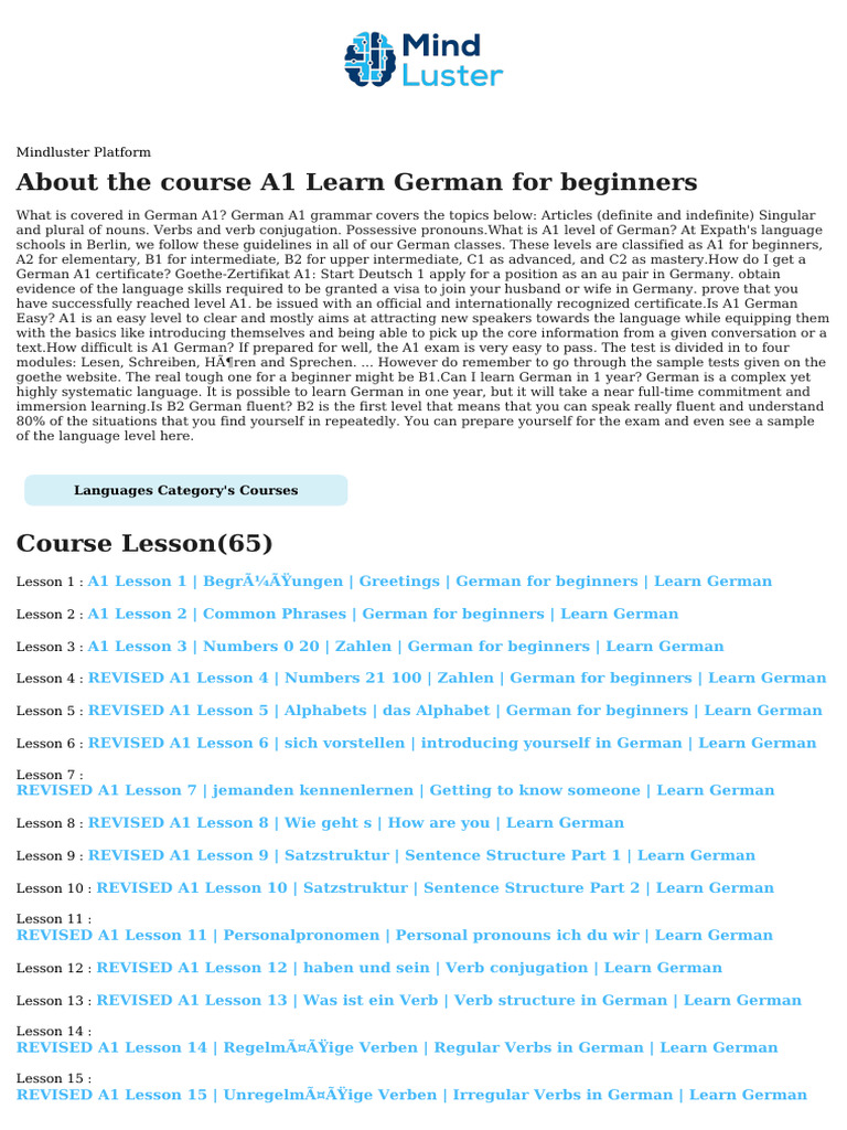 A1 German Course Overview for Beginners | PDF | German Language ...
