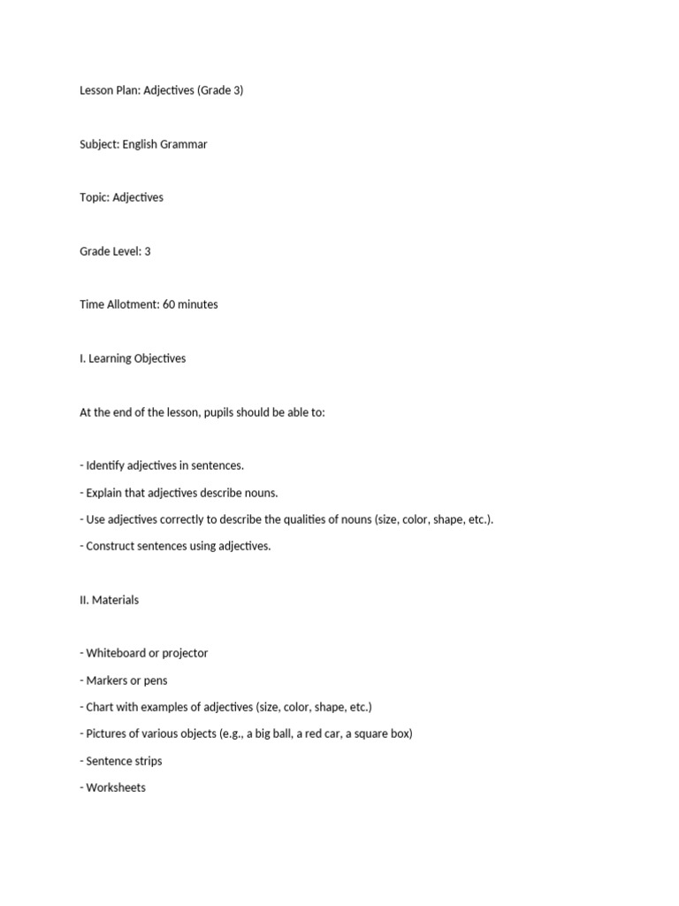 Grade 3 Adjectives Lesson Plan | PDF