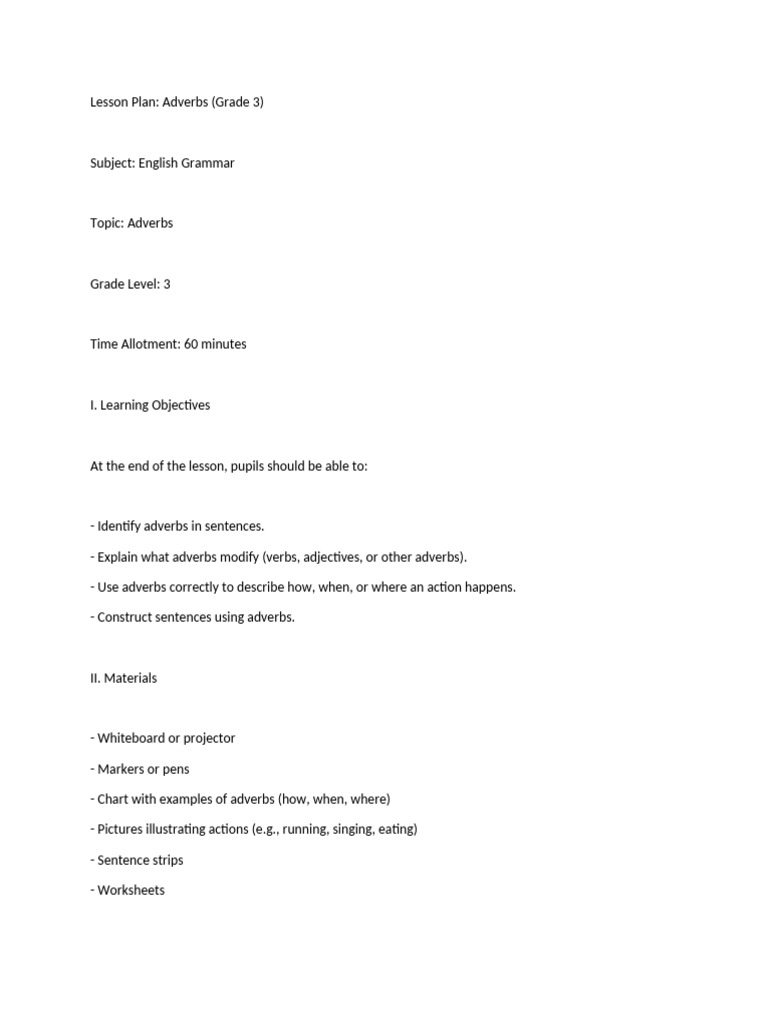 Grade 3 Adverbs Lesson Plan | PDF