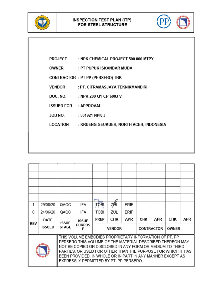 ITP for Steel Structure: CP 6001 | PDF | Specification (Technical Standard) | Welding
