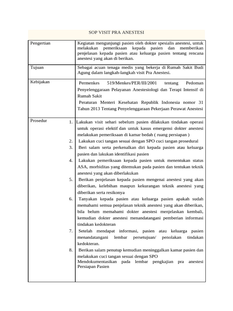 Sop Visit Pra Anestesi | PDF