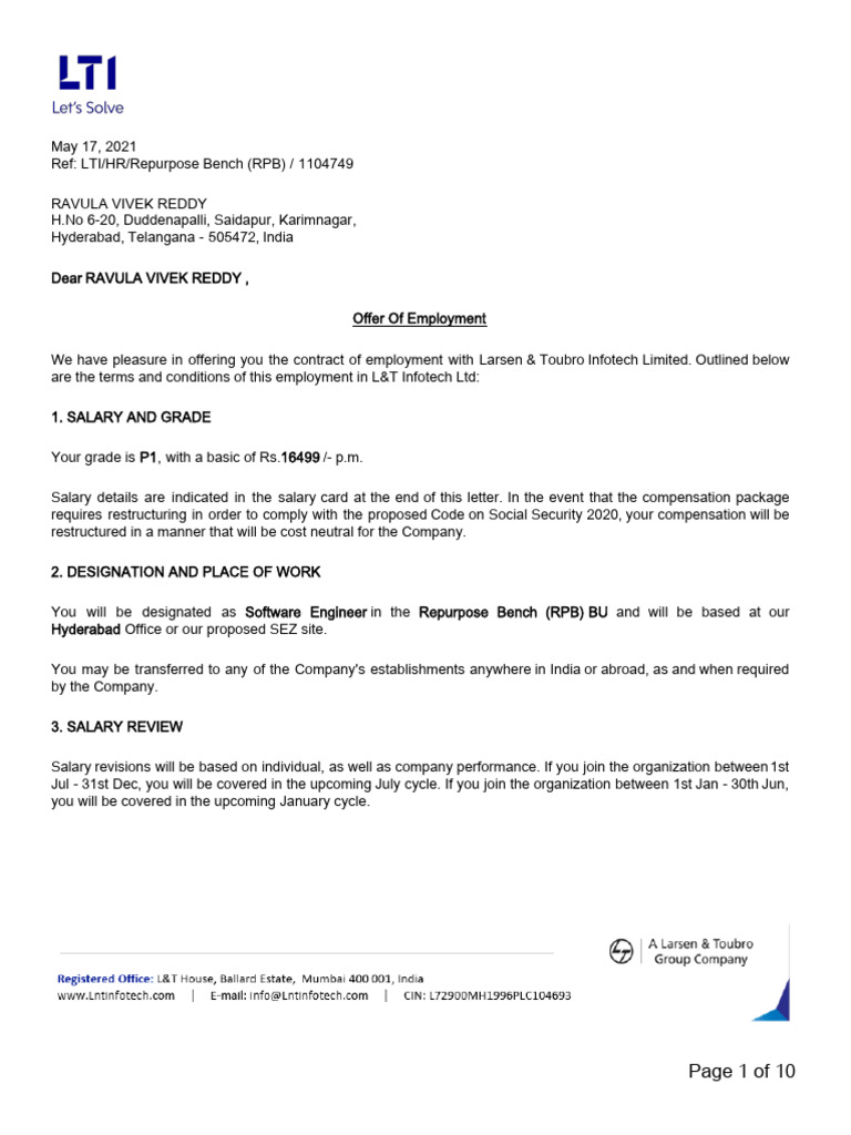 Employment Offer for Software Engineer | PDF | Employment | Contractual ...
