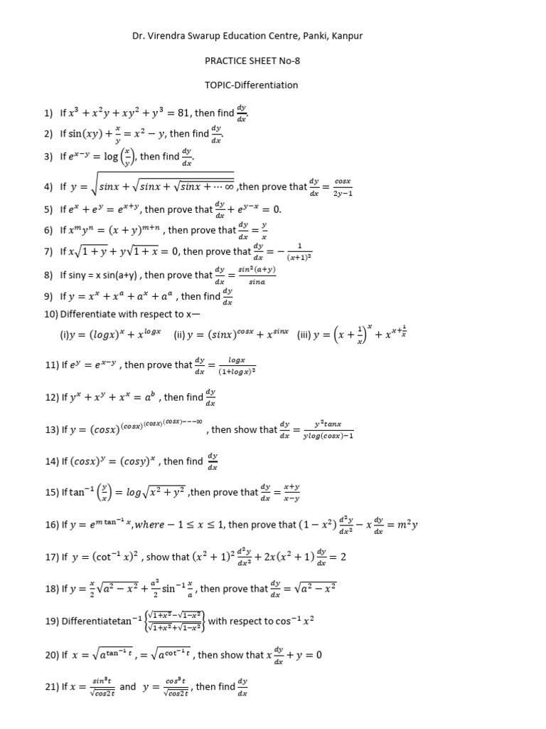 Practice Sheet Of Differentiation Pdf
