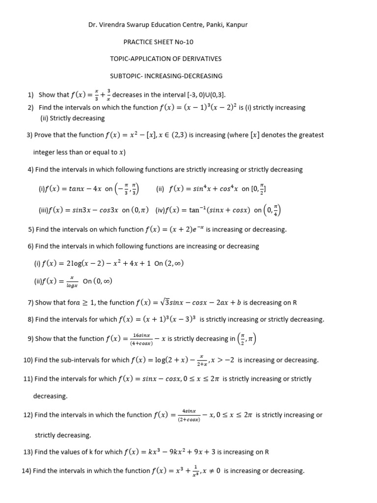 Practice Sheet Application of Derivatives (Increasing-Decreasing) | PDF | Monotonic Function ...