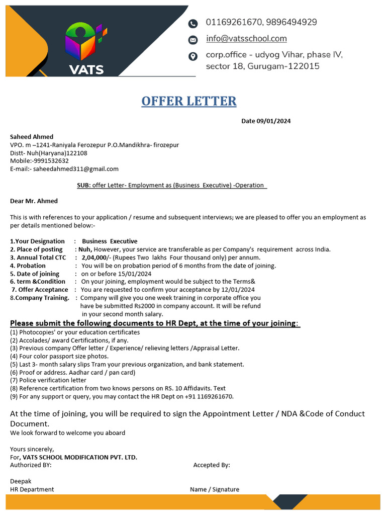 ECPL Business Executive Offer Letter | PDF