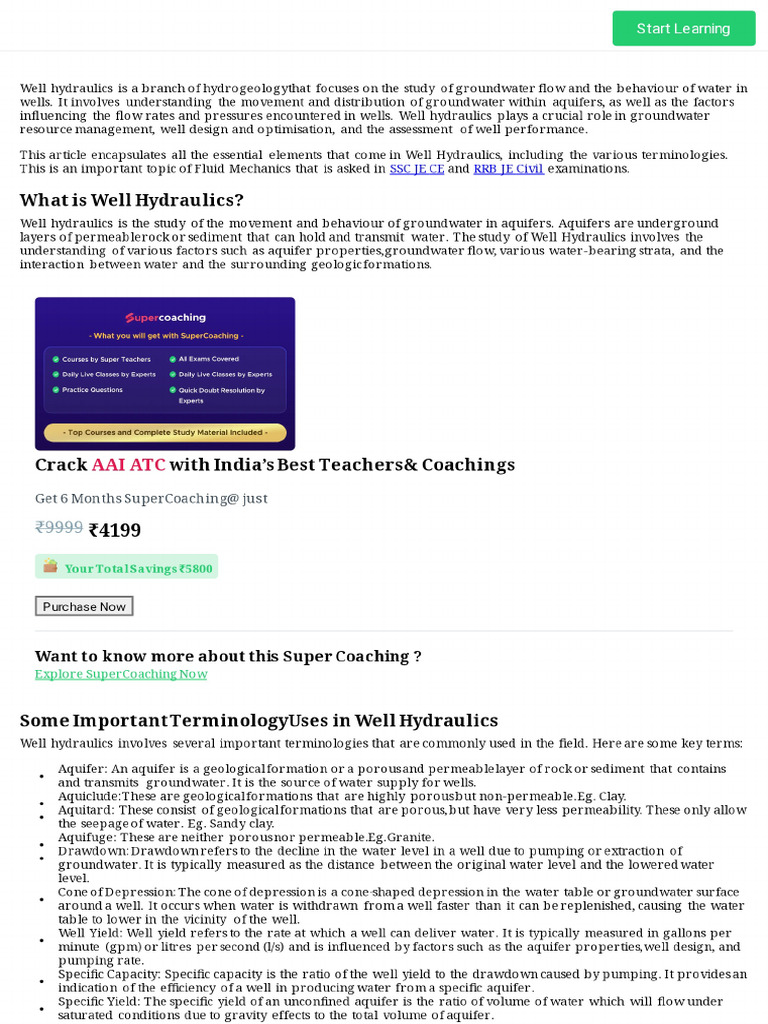 Well Hydraulics - Definition, Terminologies, and Losses Involved | PDF