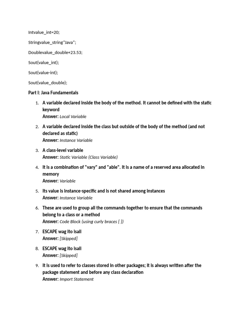 Reviewer Java Nay Answer | PDF | Computer Program | Programming