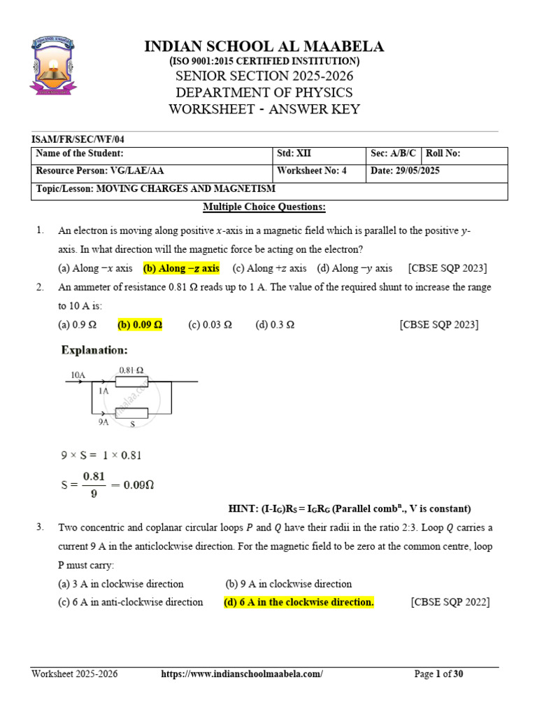 Physics Worksheet Answer Key 2025-2026 | PDF | Magnetic Field | Force