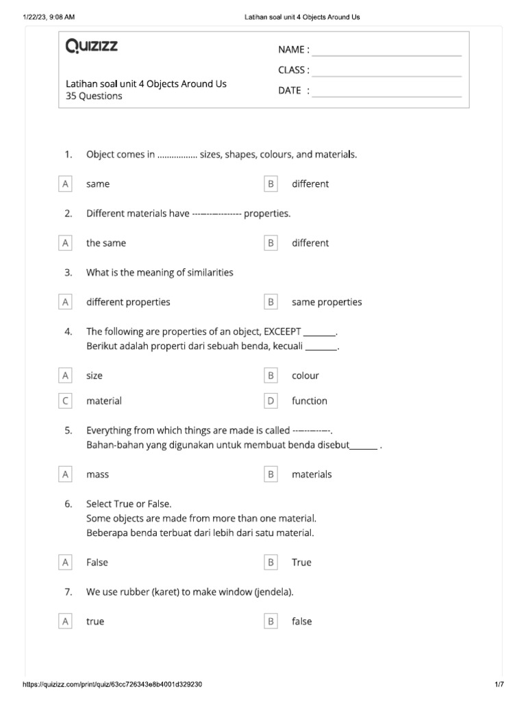 Soal Latihan Unit 4 Objects Around Us | PDF