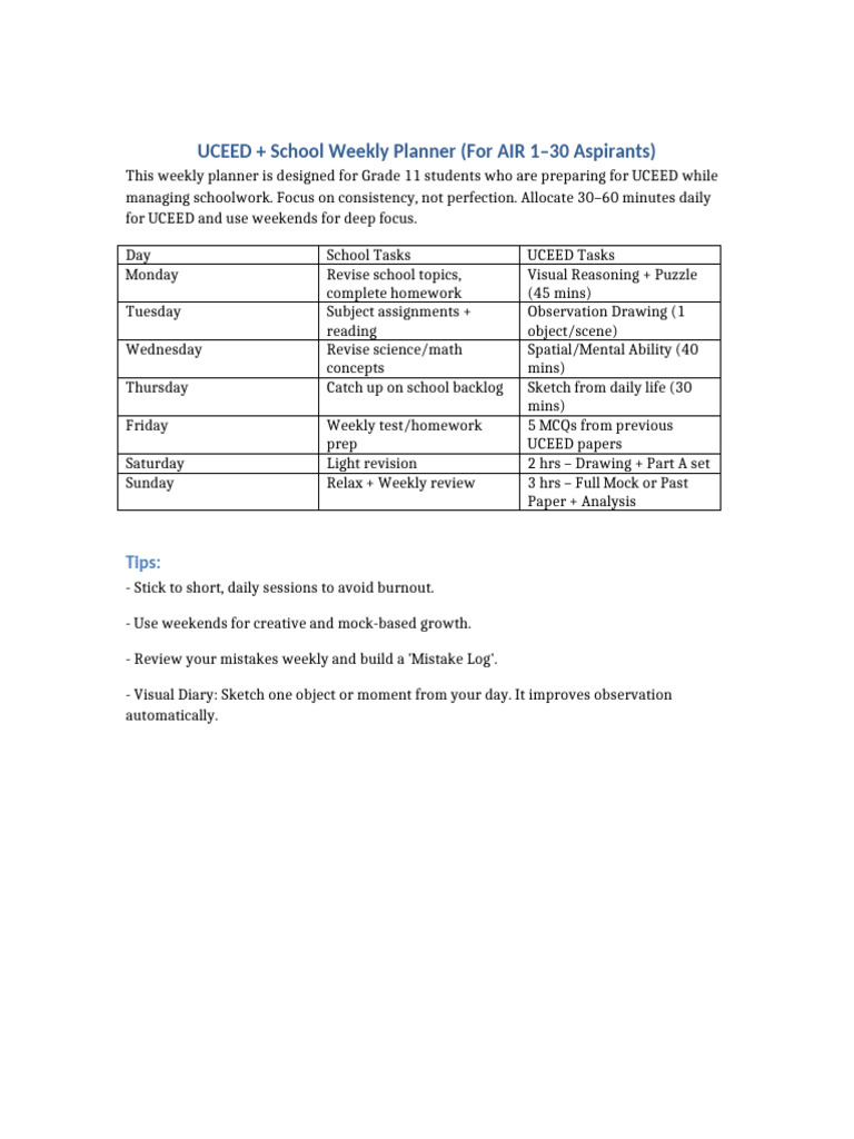 UCEED Weekly Planner For Students | PDF