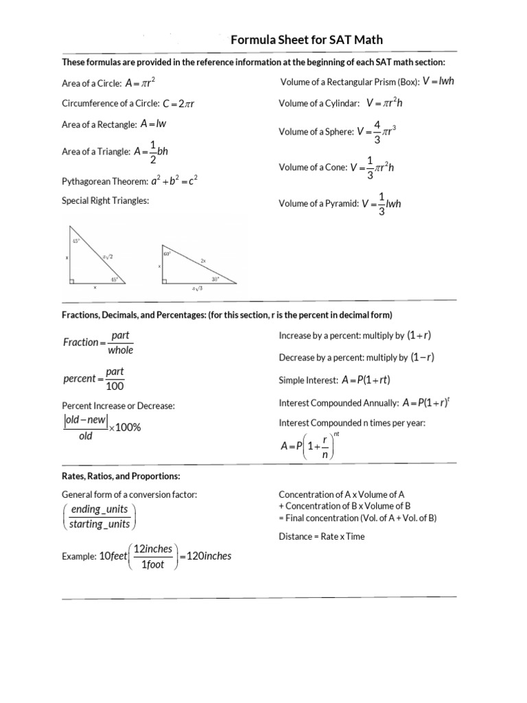 SAT Math Ultimate Formula Sheet | PDF | Area | Angle