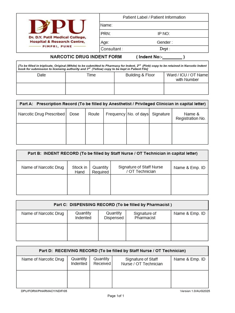 Narcotic Drug Indent Form Template | PDF | Medical Prescription | Pharmacy