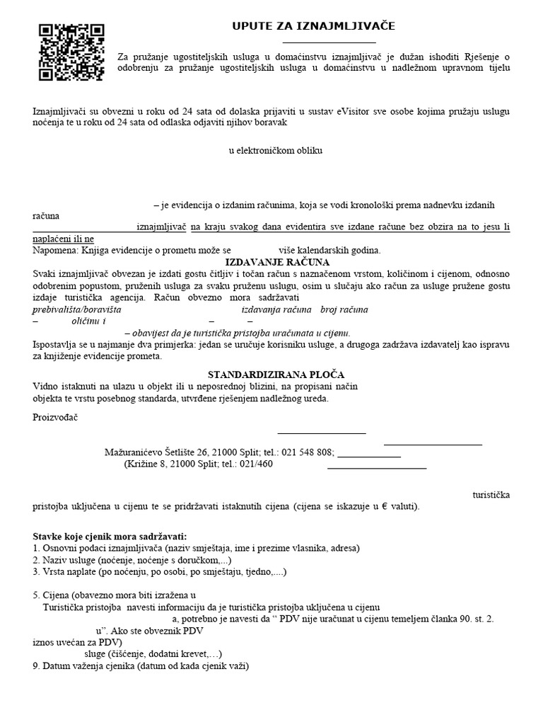 Upute Za Iznajmljivače Za 2024 | PDF