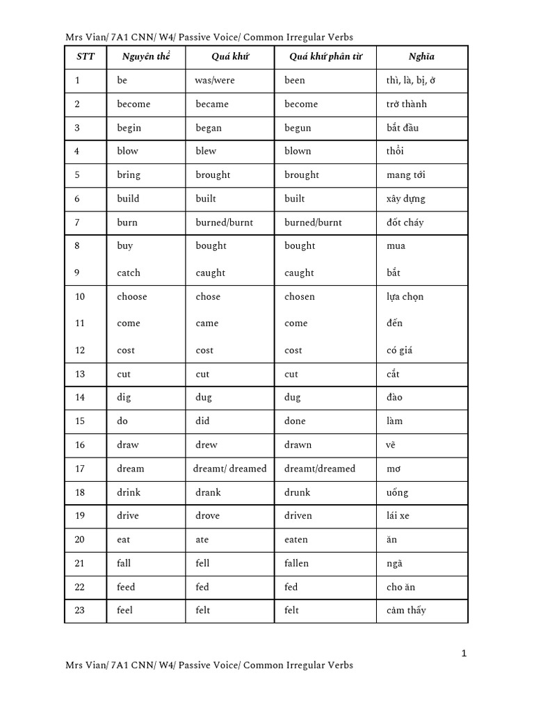100 Irregular Verbs | PDF