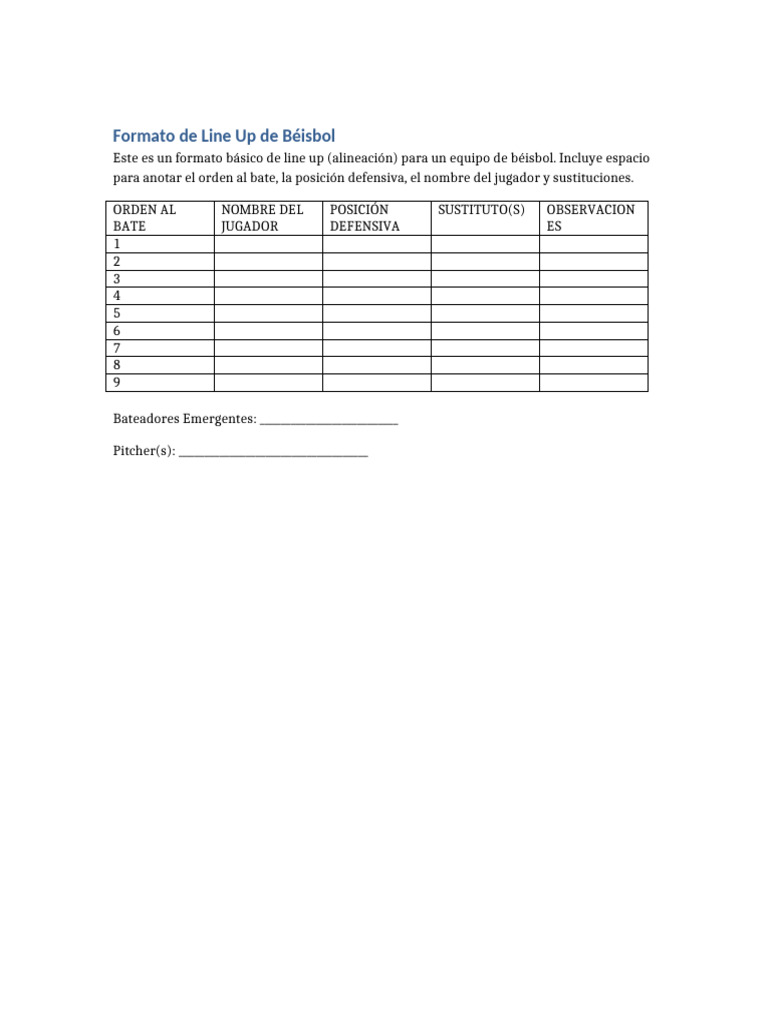 Formato Básico de Line Up de Béisbol | PDF