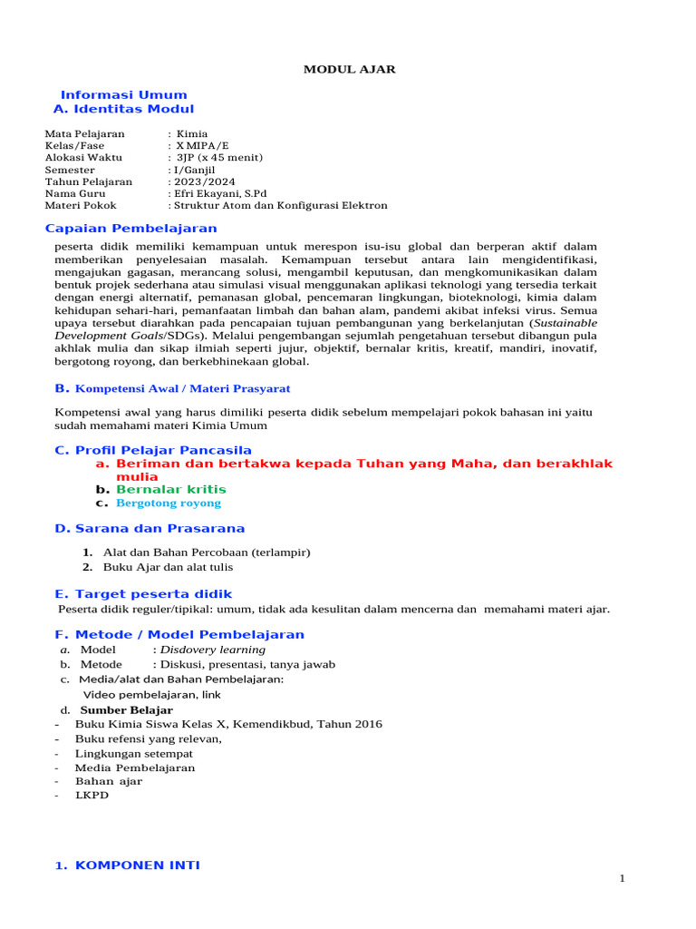 Modul Ajar Struktur Atom - Konfigurasi Elektron | PDF