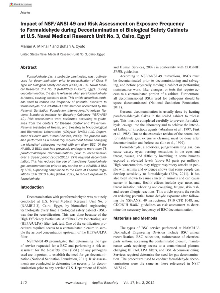 U.S Jornal of Applied Biosafety - Impact of NSF 49 and Risk Assessment ...