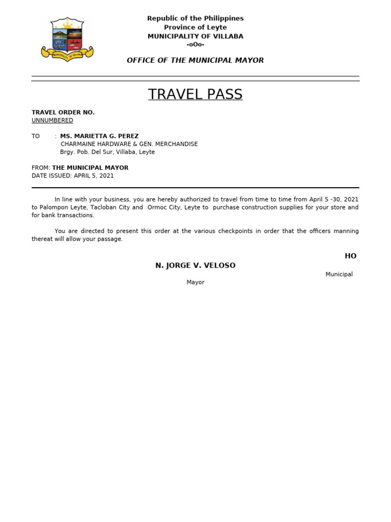Travel Pass Authorization for Ms. Perez | PDF