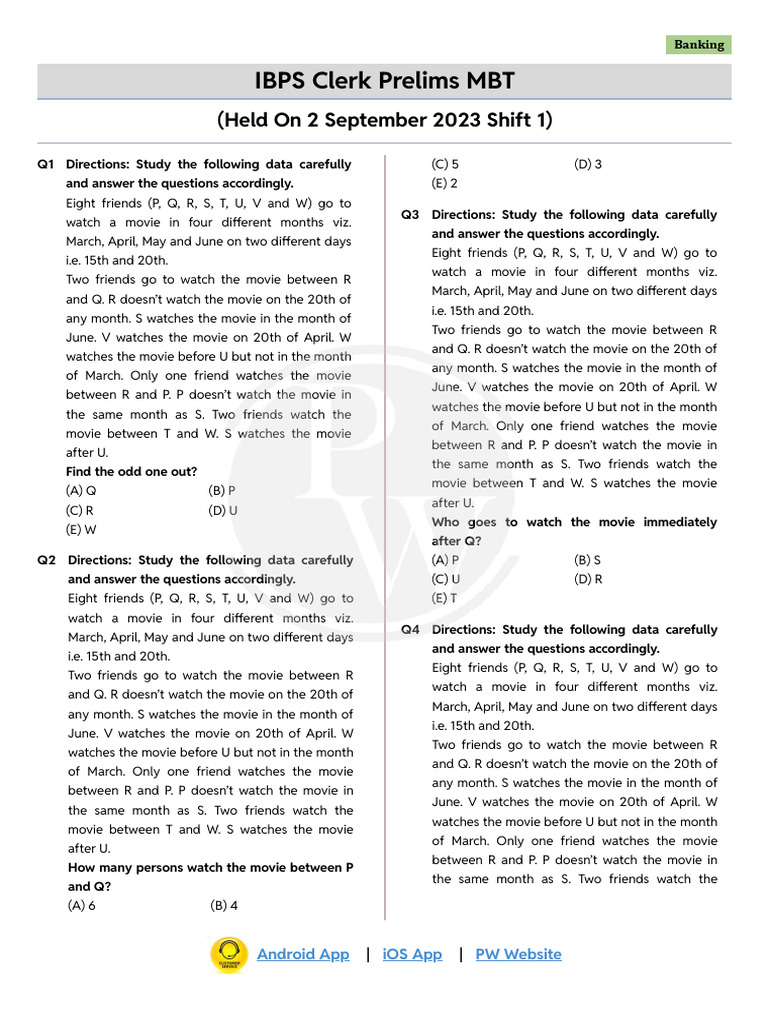 IBPS Clerk Prelims MBT: (Held On 2 September 2023 Shift 1) | PDF