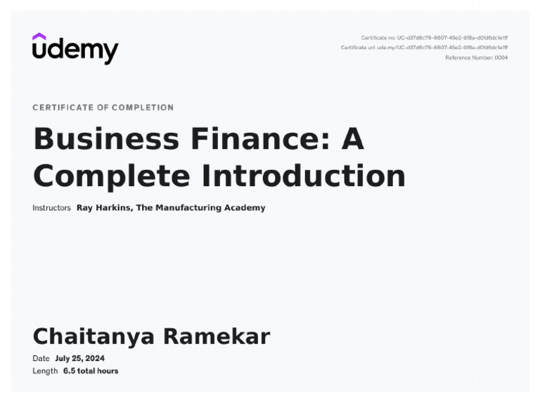 Business Finance A Complete Introduction - Certificate | PDF