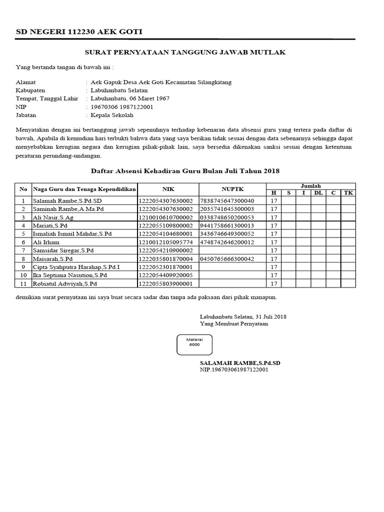 CONTOH SPTJM Kehadiran | PDF