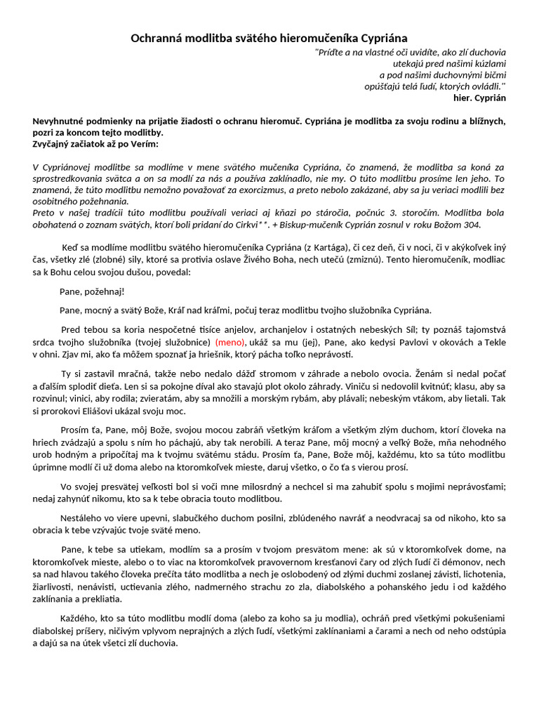 Ochranná Modlitba Svätého Hieromučeníka Cypriána | PDF