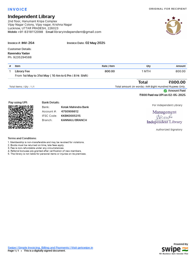 Invoice Independent Library INV 264 | PDF | Payments
