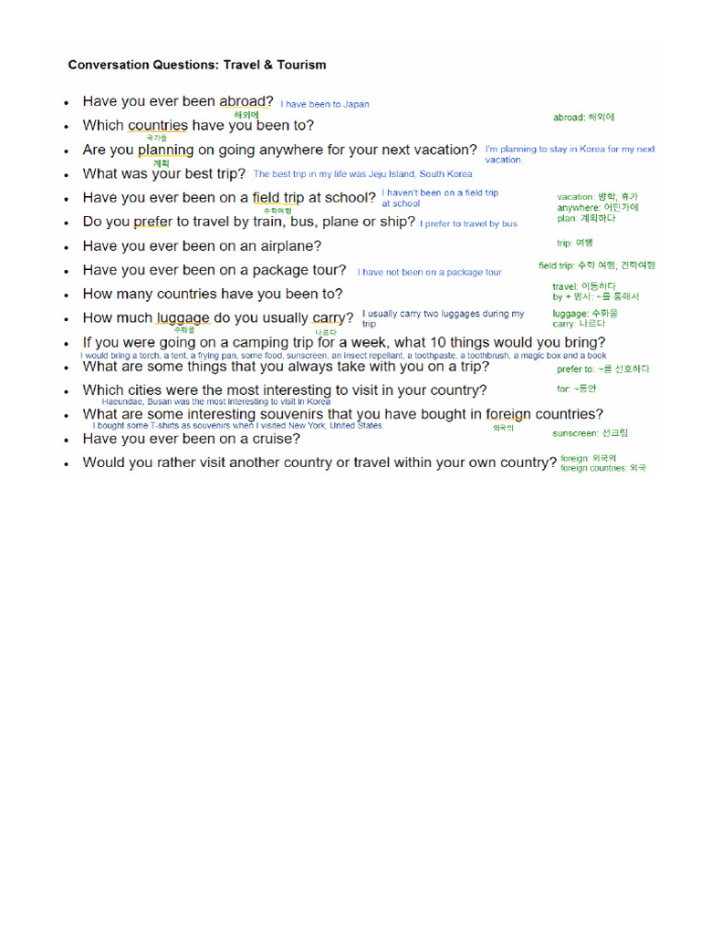 Conversation Questions - Travel English (여행영어) | PDF