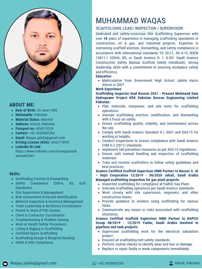Muhammad Waqas Scaffolding Supervisor CV | PDF | Occupational Safety And Health | Safety