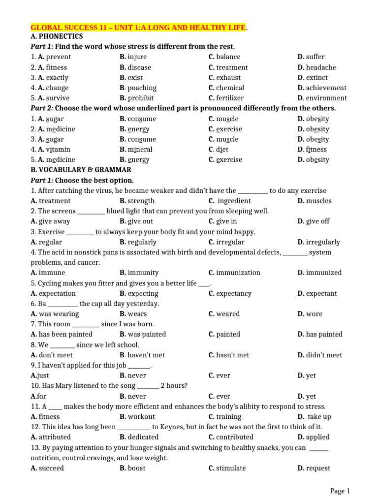 Bai Tap Bo Tro Unit 1 A Long and Healthy Life Global Success 11 | PDF ...
