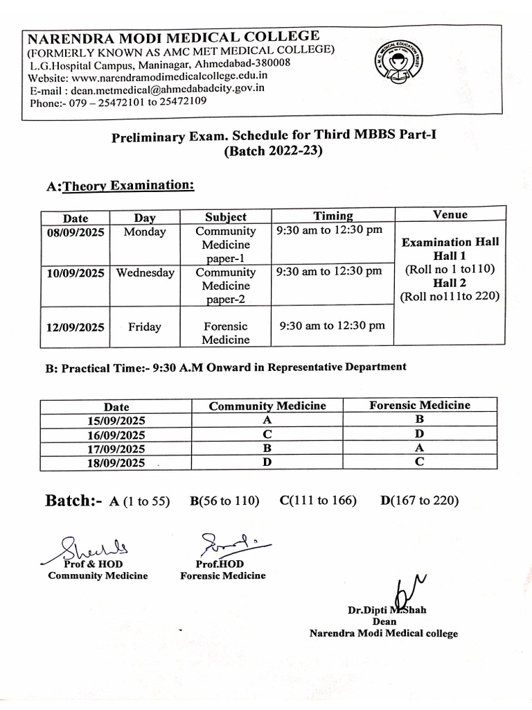 Third MBBS Part-I Prliminary Exam Schedule of Batch 2022-23 Batch | PDF