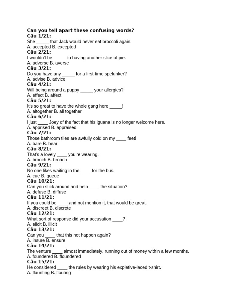 Confusing English Word Pairs Quiz | PDF