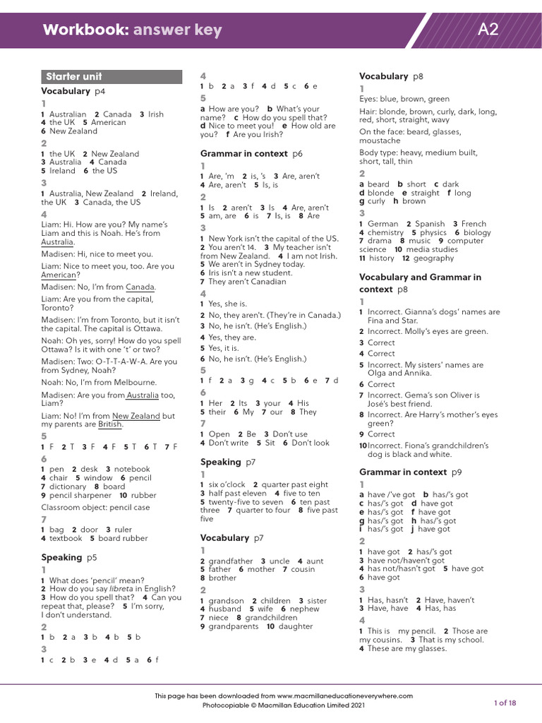 A2 Workbook Answer Key | PDF