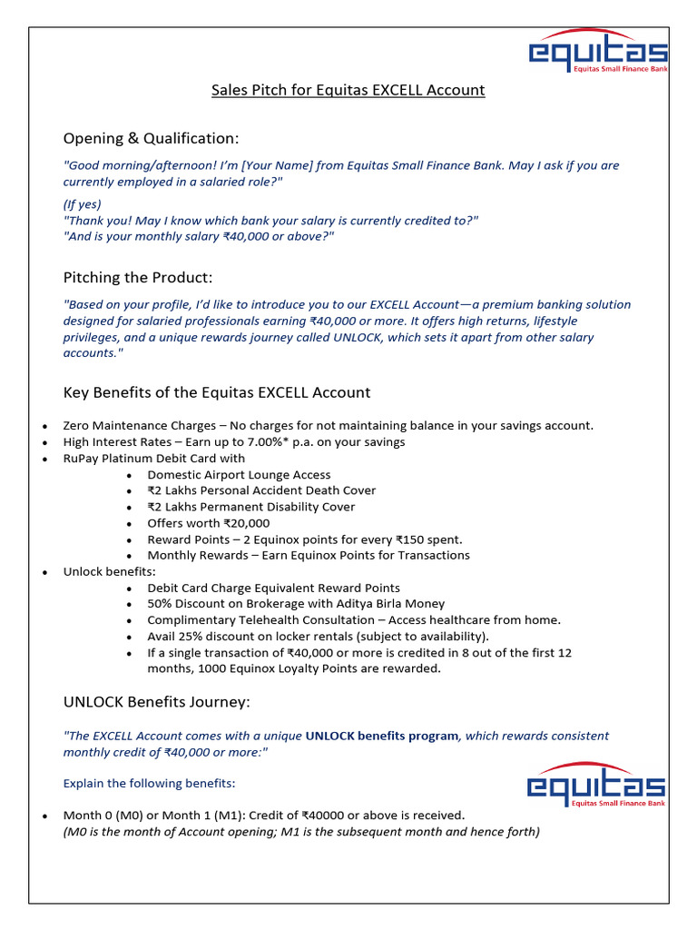 Sales Pitch For Equitas Excell Salary Account | PDF | Loyalty Program ...