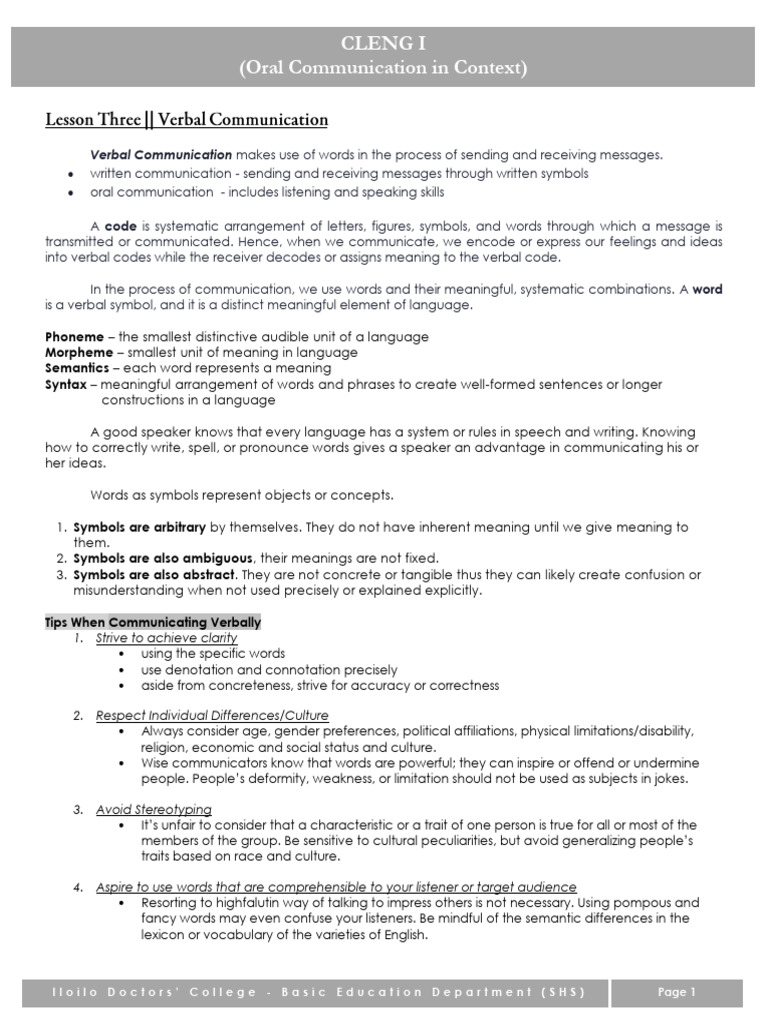CLENG I Verbal Communication | PDF | Semantics | Word