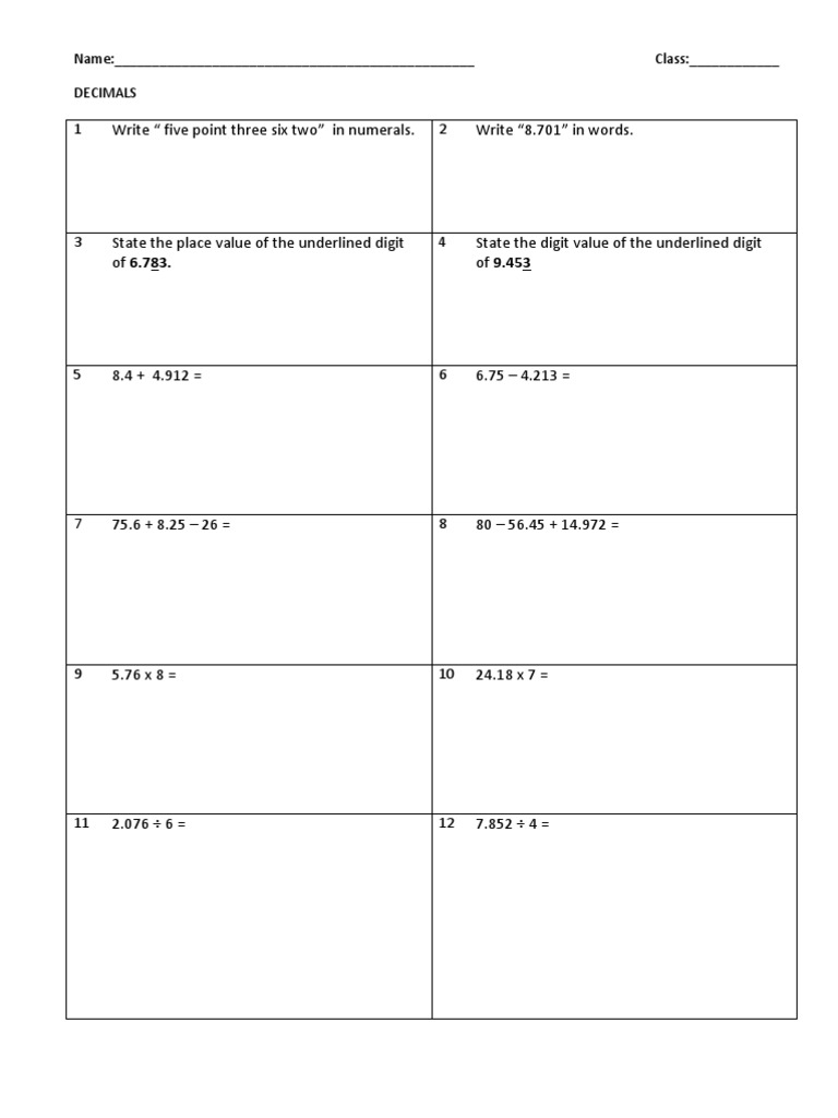 Decimals Math Practice Worksheet | PDF